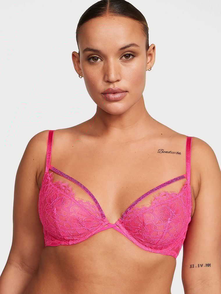 Bra Demi De Encaje Escotado Sin Forro Con Tiras Brillantes Bra Sin