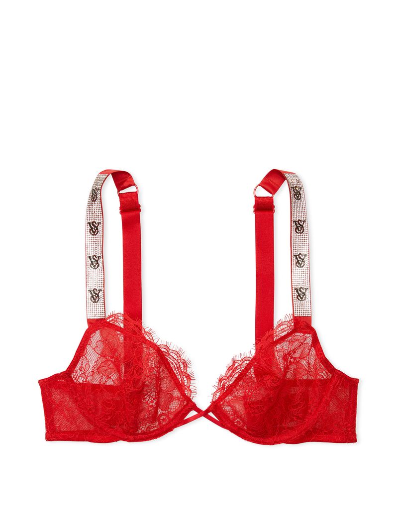 Bra Demi De Encaje Con Escote Profundo Y Tirantes Brillantes Sin Forro